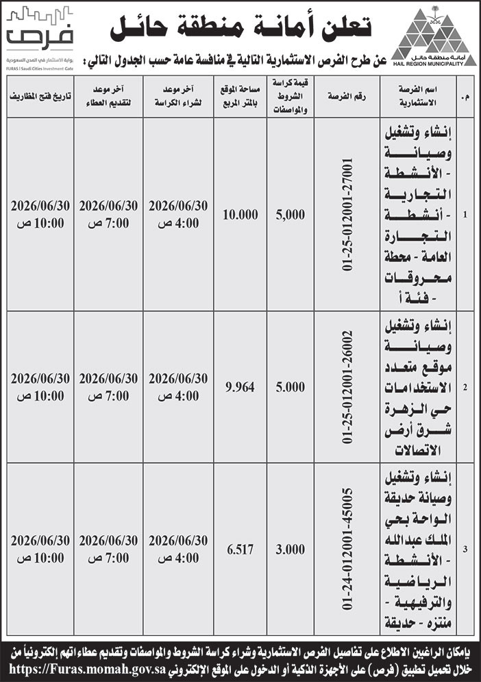 إعلان أمانة منطقة حائل